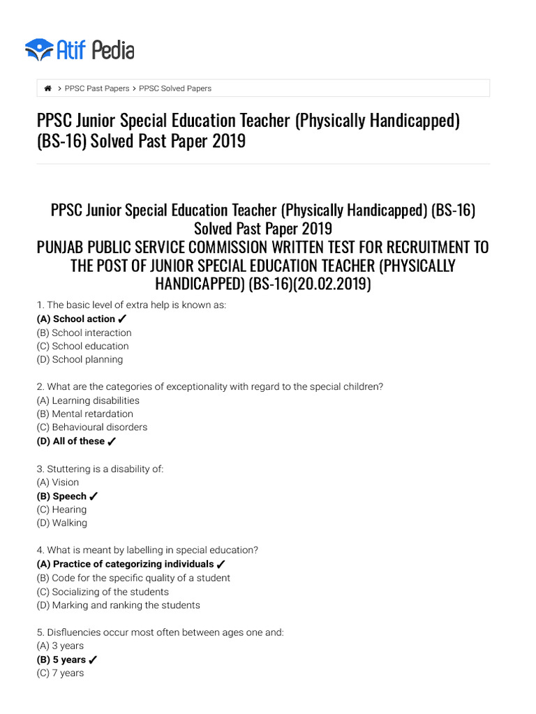 PPSC Junior Special Education Teacher (Physically Handicapped) (BS-16 ...