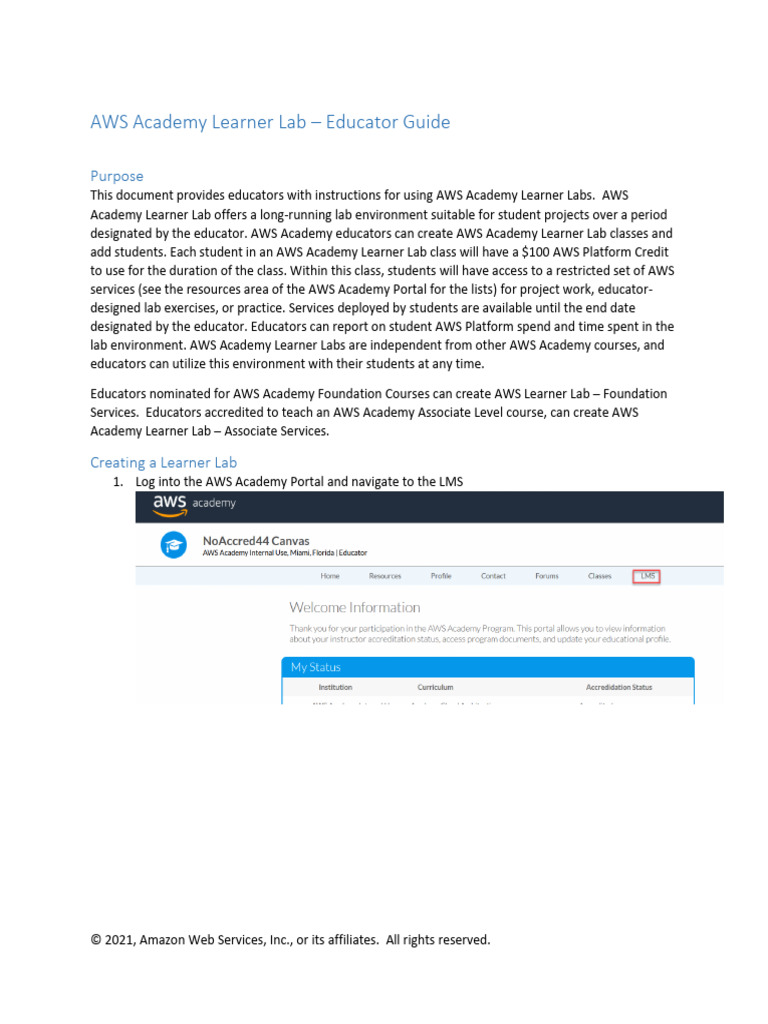 AWS Academy Learner Lab Educator Guide | PDF