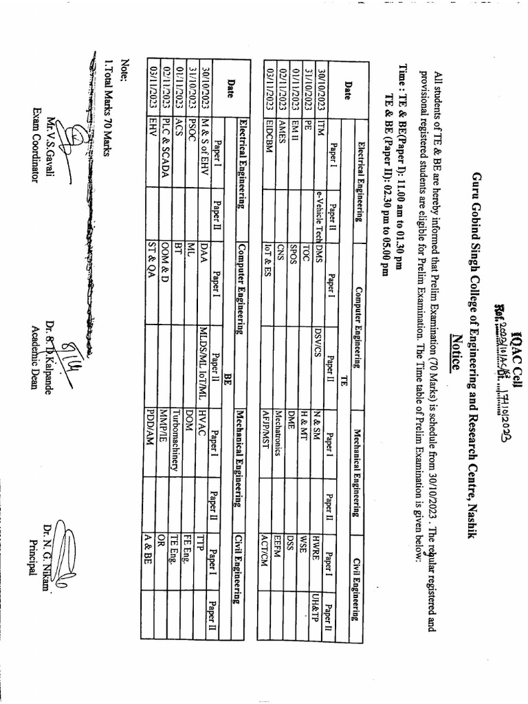 Prelim Exam Time Table Nov 2023 | PDF Prelim Exam Time Table Nov 2023 | PDF