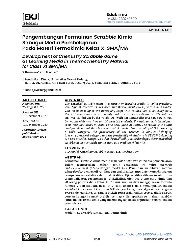 Pengembangan Permainan Scrabble Kimia Sebagai Medi | PDF