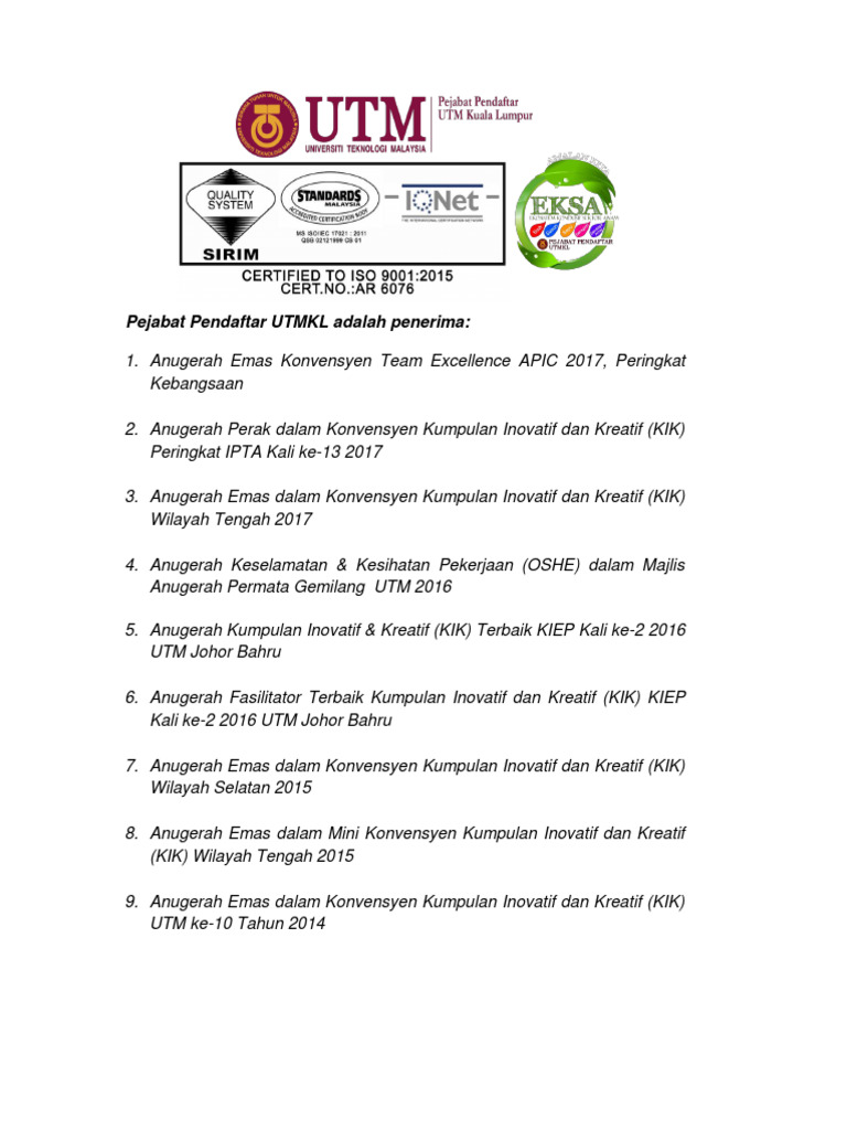 Pejabat Pendaftar UTMKL Adalah Penerima UTM | PDF