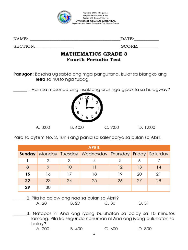 Math3 4th Quarter Assessment MTB | PDF
