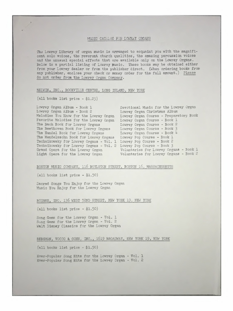 Lowrey Organ Music Catalog Overview | PDF