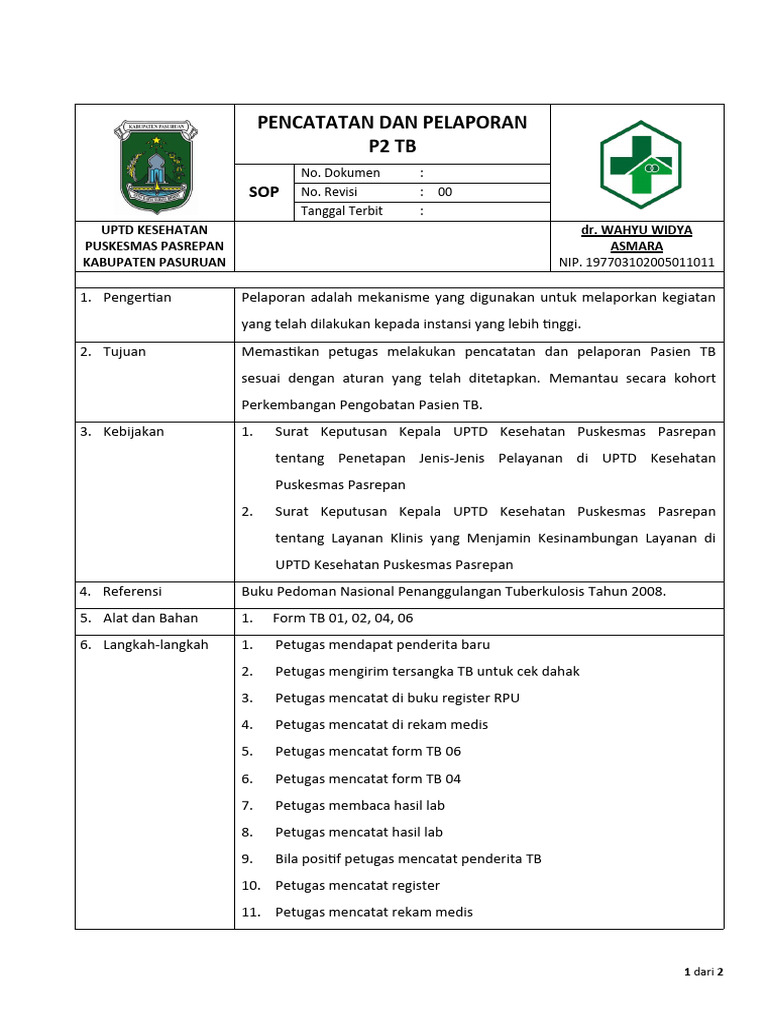 Sop Pencatatan Dan Pelaporan P2 TB | PDF