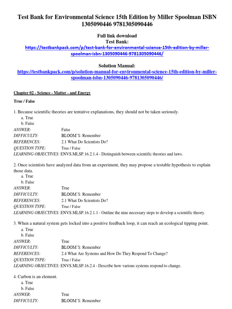Test Bank For Environmental Science 15th Edition by Miller Spoolman ...