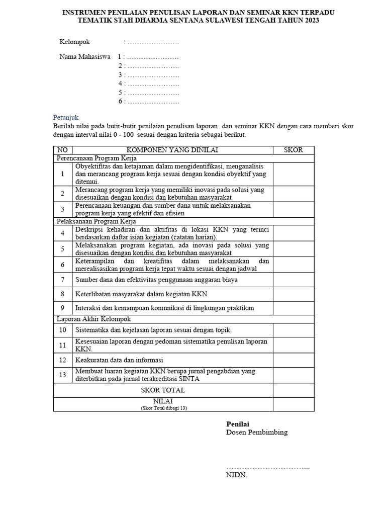 Instrumen Penilaian Seminar KKN 2023 | PDF | Seni | Karier & Perkembangan