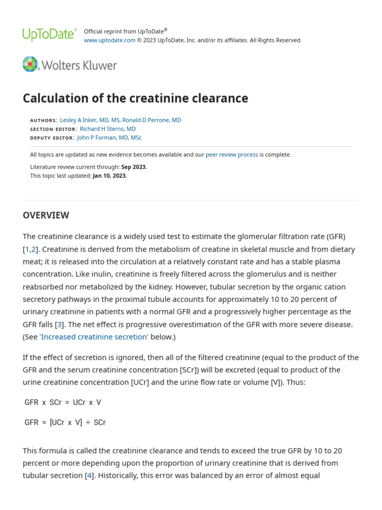 Calculation of The Creatinine Clearance - UpToDate | PDF