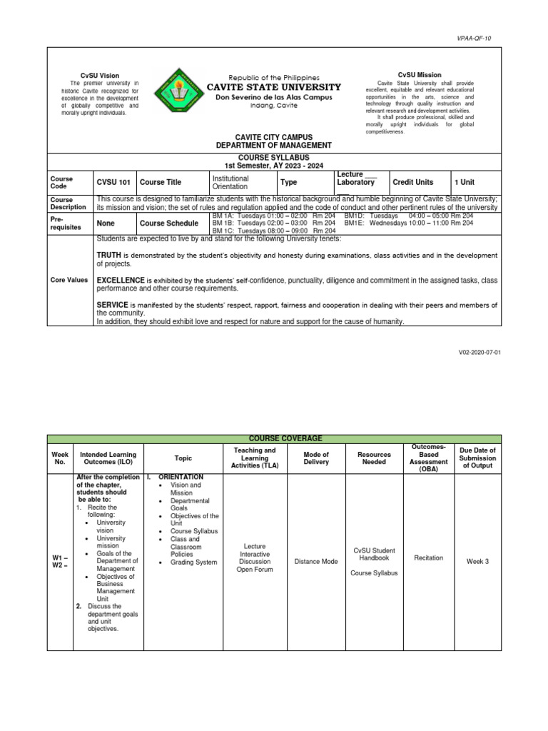 CVSU 101 Syl 2324 Stud | PDF