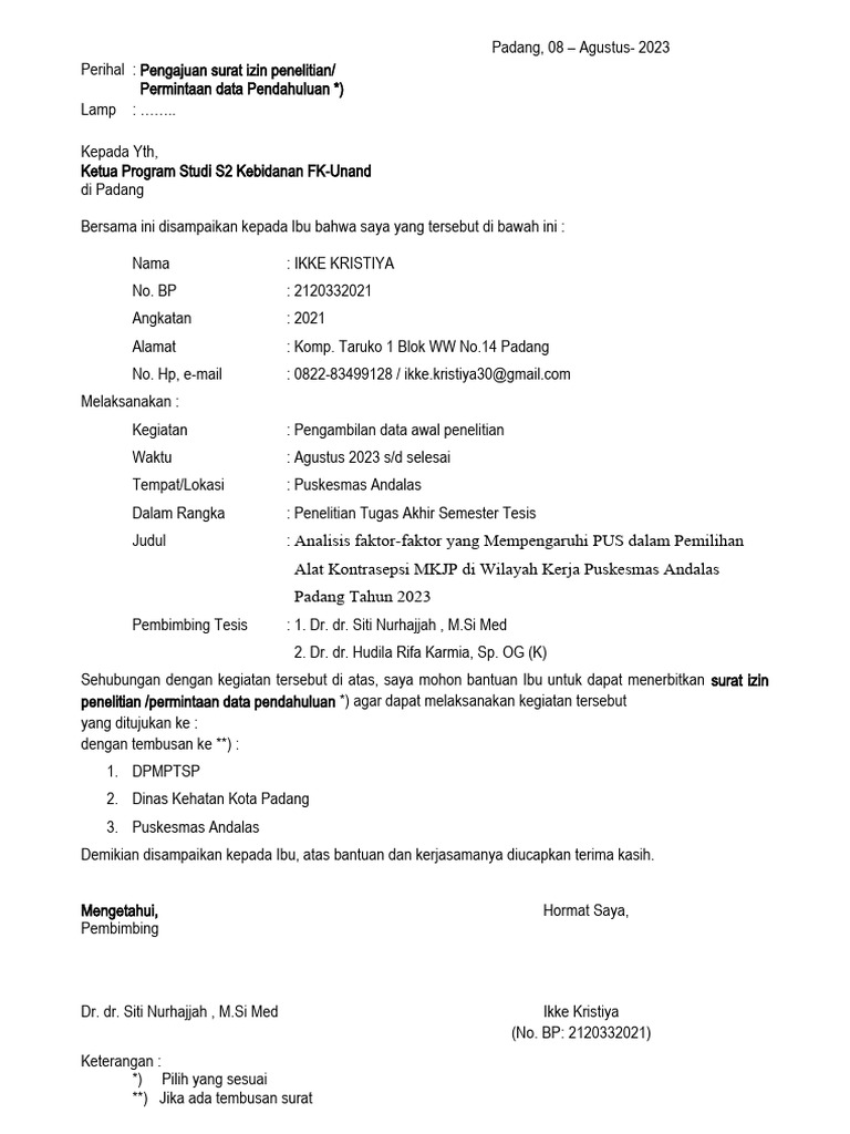 Format Surat Permohonan Izin Penelitian - Permintaan Data Awal Penelitian | PDF