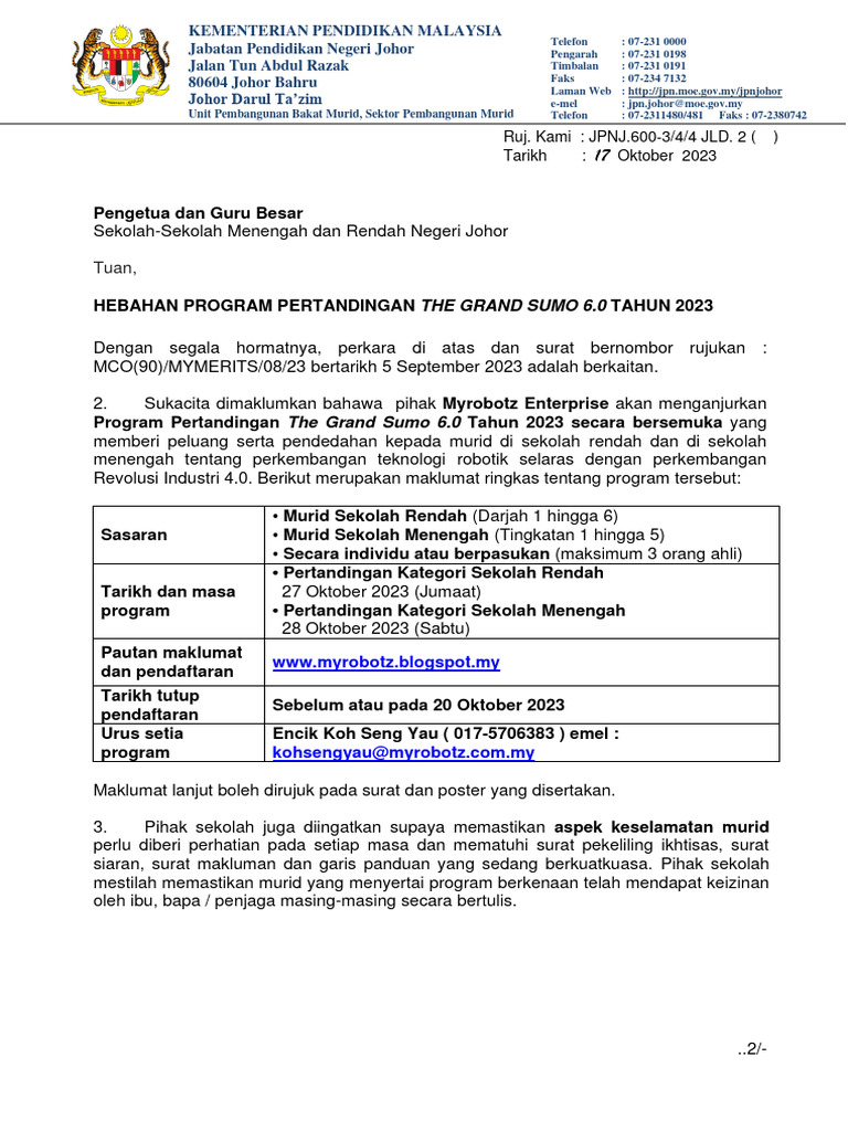 Surat Hebahan Program Pertandingan The Grand Sumo 6 0 Tahun 2023 | PDF