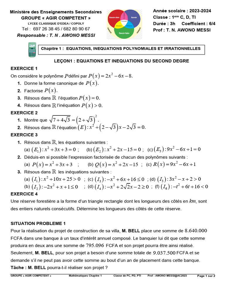 TD N°1 Maths Agir Competent PC, D, Ti 2023-2024 | PDF