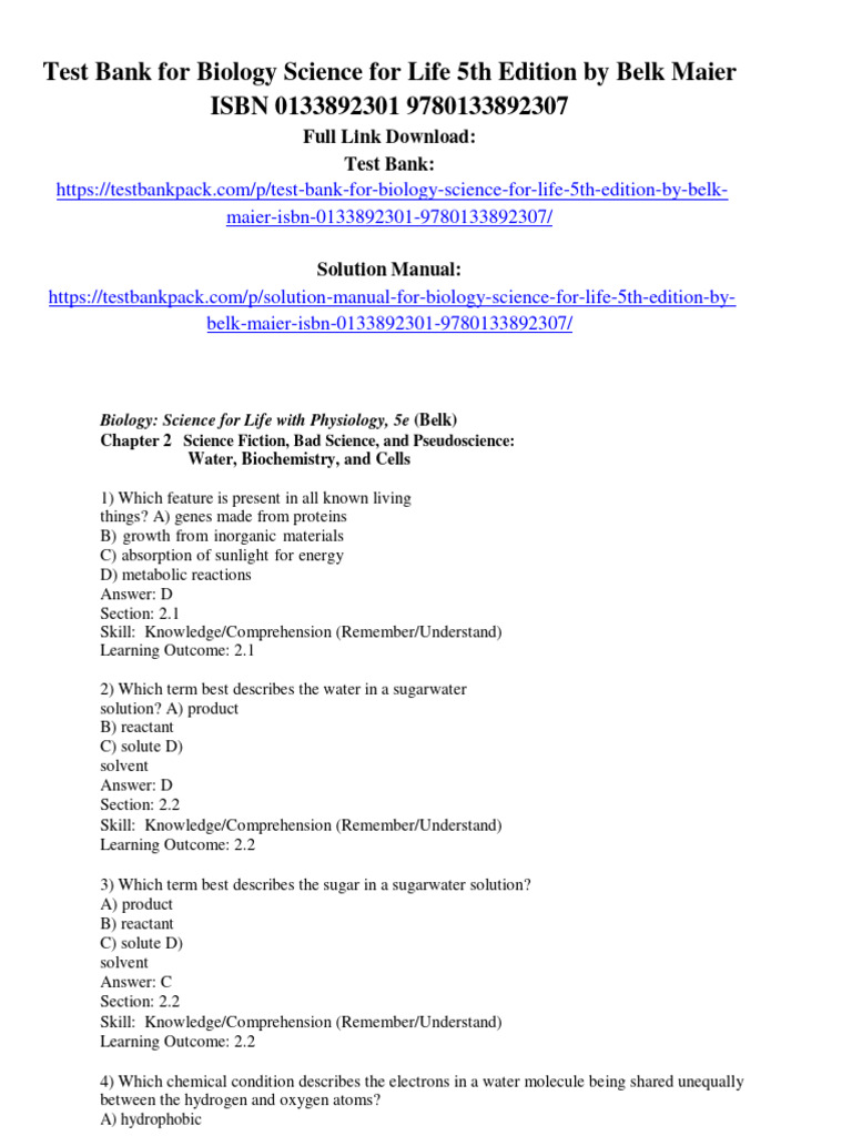 Test Bank For Biology Science For Life 5th Edition by Belk Maier ISBN ...