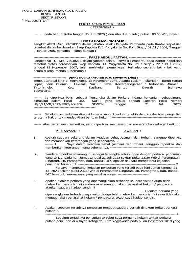 Bap Tersangka Contoh Pdf