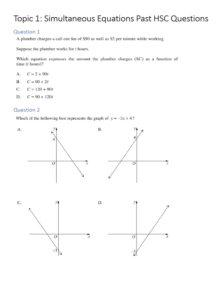 Year 12 - Simultaneous Equations - Standard 1 Past HSC Questions | PDF