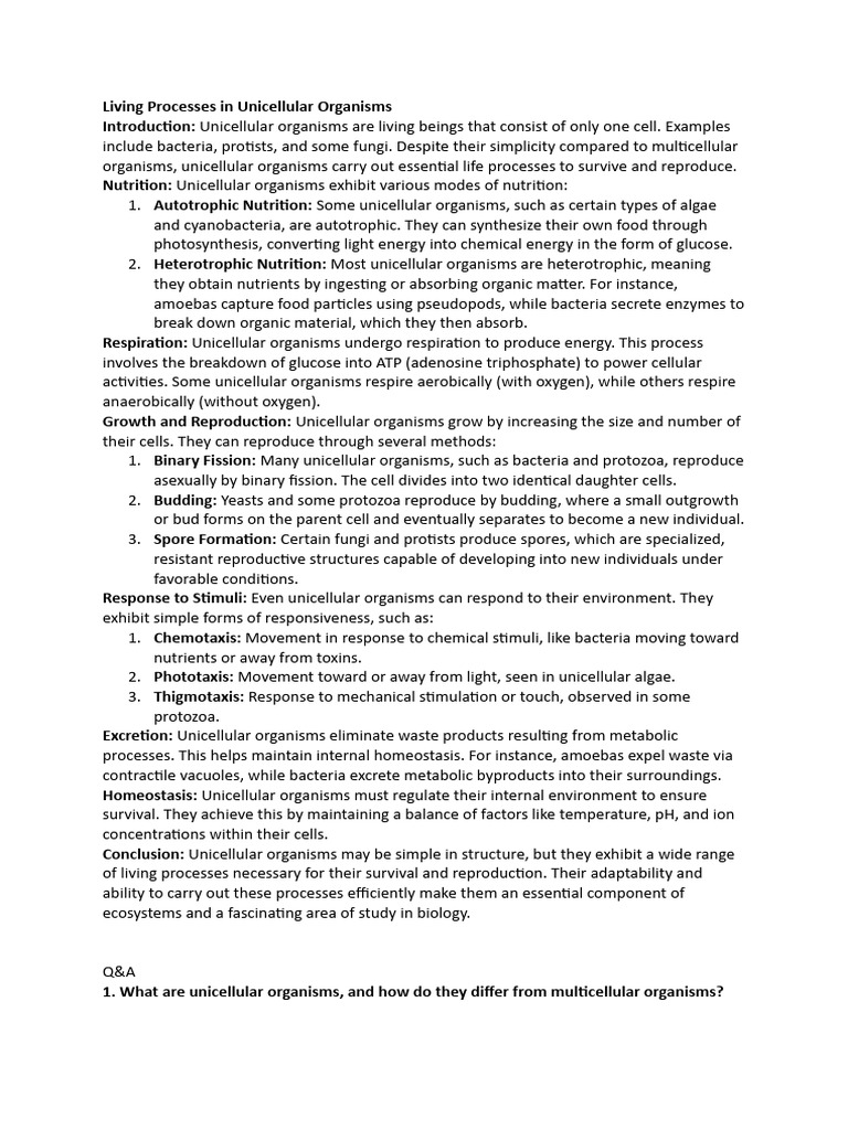 Living Processes in Unicellular Organisms | PDF