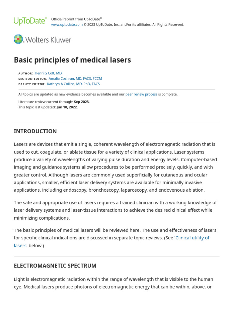 Basic Principles of Medical Lasers - UpToDate | PDF
