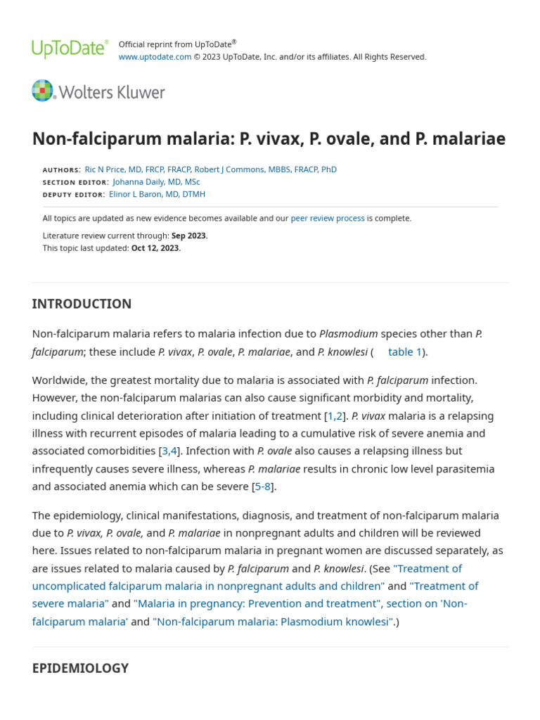 Non-Falciparum Malaria - P. Vivax, P. Ovale, and P. Malariae - UpToDate ...