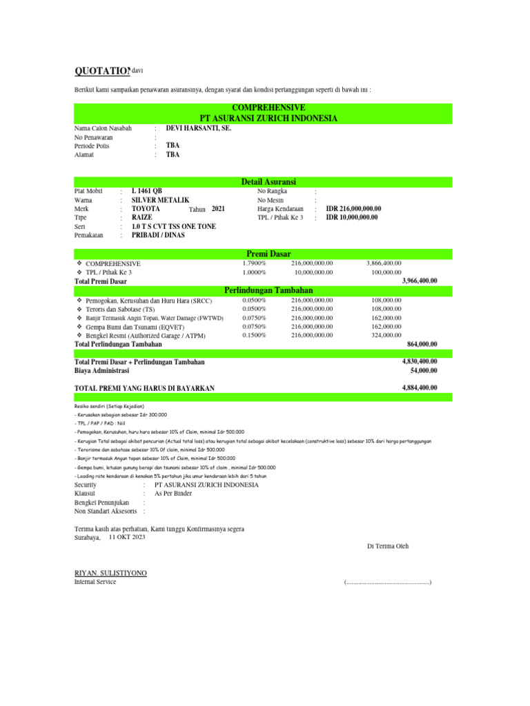 Quotation Slip MV - 1 Tahun Toyota Raize L 1461 QB | PDF