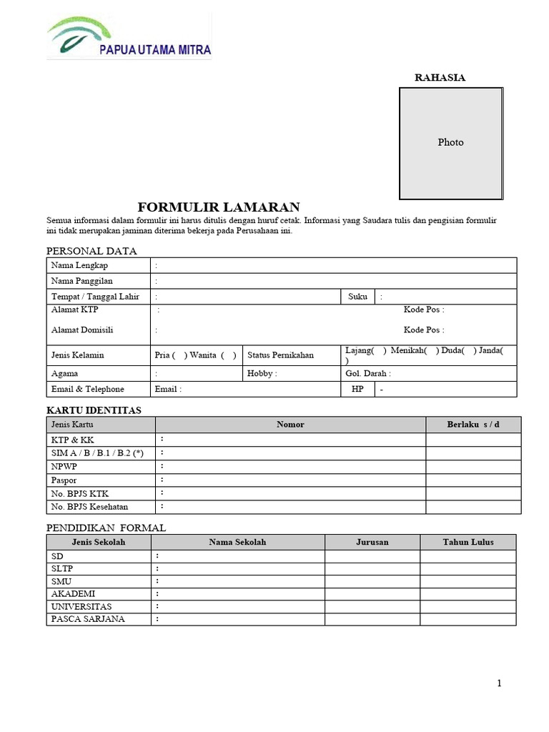 Formulir Lamaran Kerja PT PUM | PDF