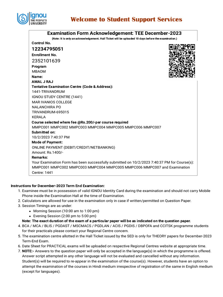 IGNOU - Examination Form Acknowledgement | PDF | Technology & Engineering