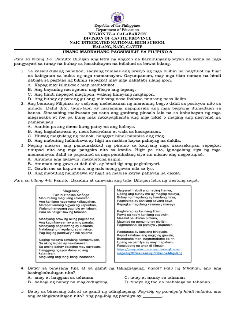 Filipino 8 Unang Markahan Pagsusulit | PDF