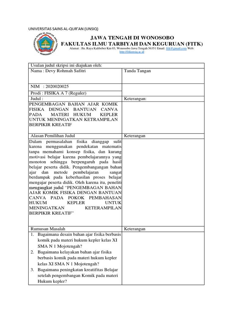 FORM PENGAJUAN JUDUL - Rumusan Masalah | PDF