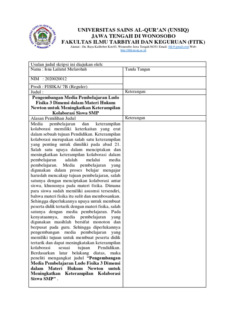 Form Pengajuan Judul - Isna | PDF