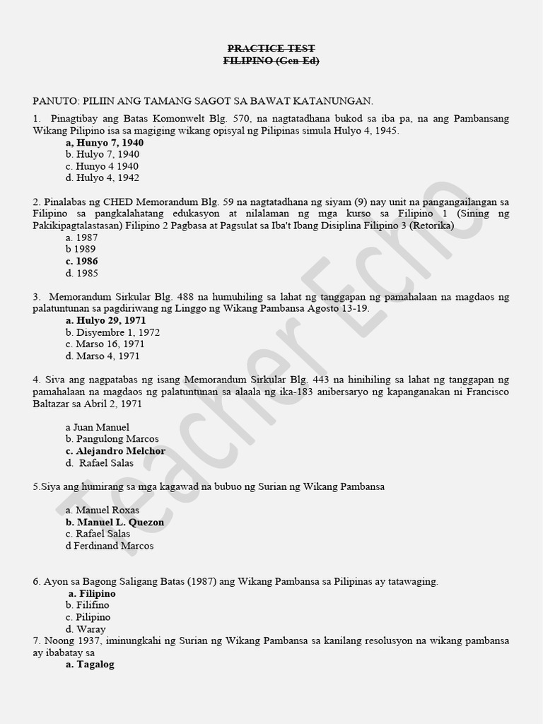 Practice Test Filipino | PDF