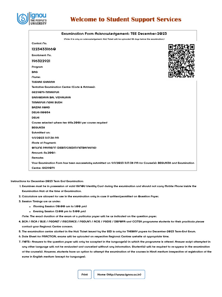 IGNOU - Examination Form Acknowledgement | PDF