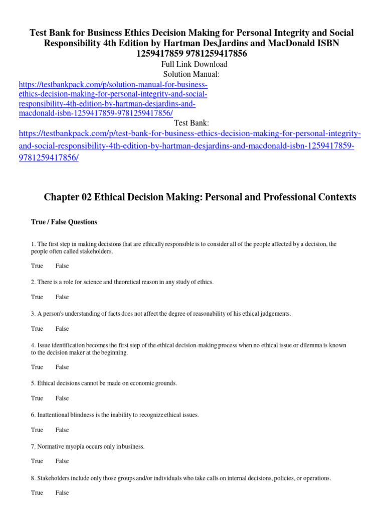 Test Bank For Business Ethics Decision Making For Personal Integrity ...