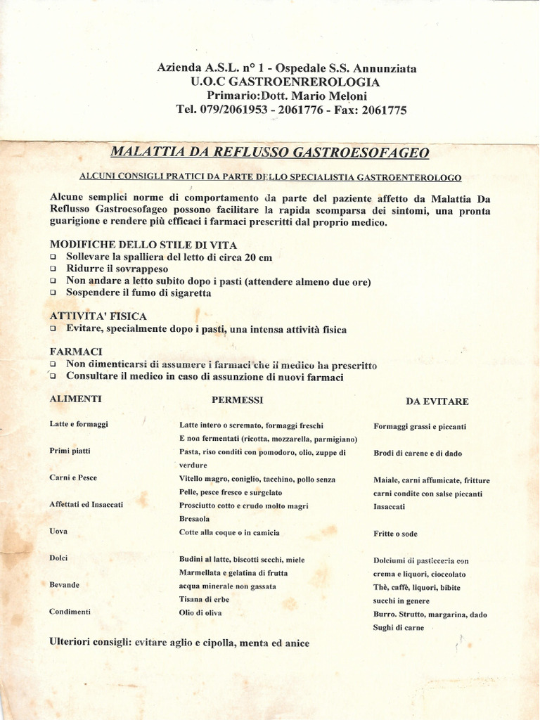 Dieta Da Reflusso - Dr. Meloni, Gastroenterologo | PDF