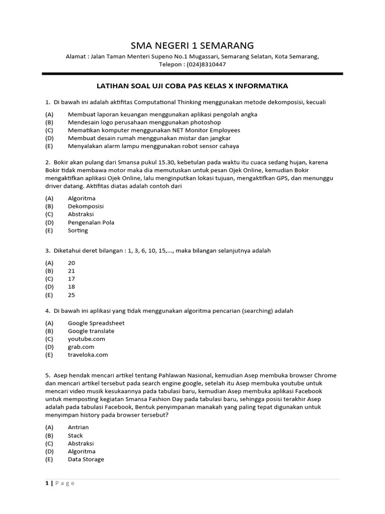Latihan Soal Uji Coba PAS I Kelas X 2022 | PDF
