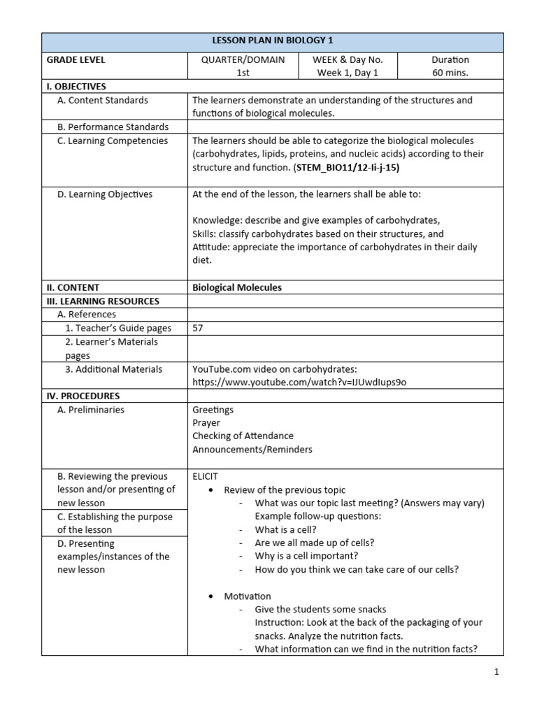 Lesson Plan in Biology 1 | PDF | Wellness
