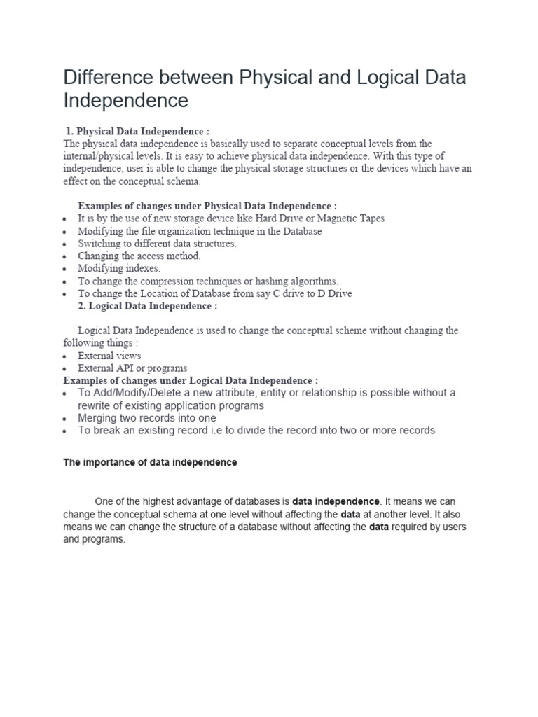 Difference Between Physical and Logical Data Independence | PDF ...