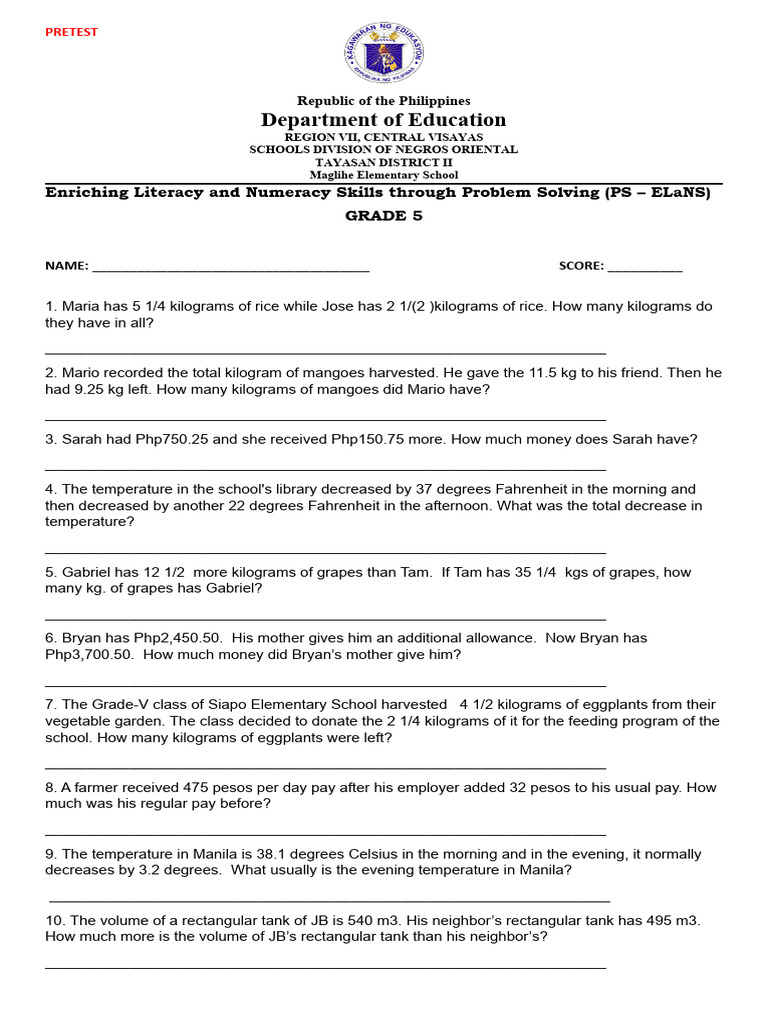 Grade 5 PS-ELANS Pretest | PDF