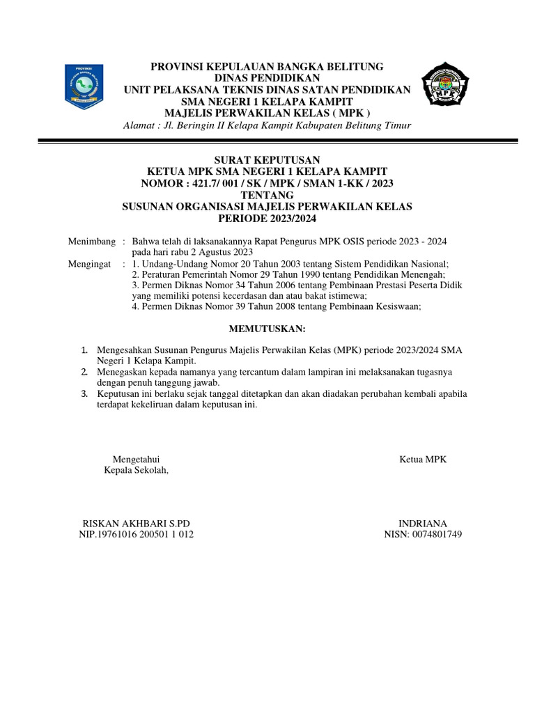 SK MPK 001 Revisi 2023 - 2024 | PDF