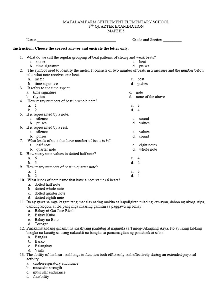 3rd Exam Mapeh 5 | PDF