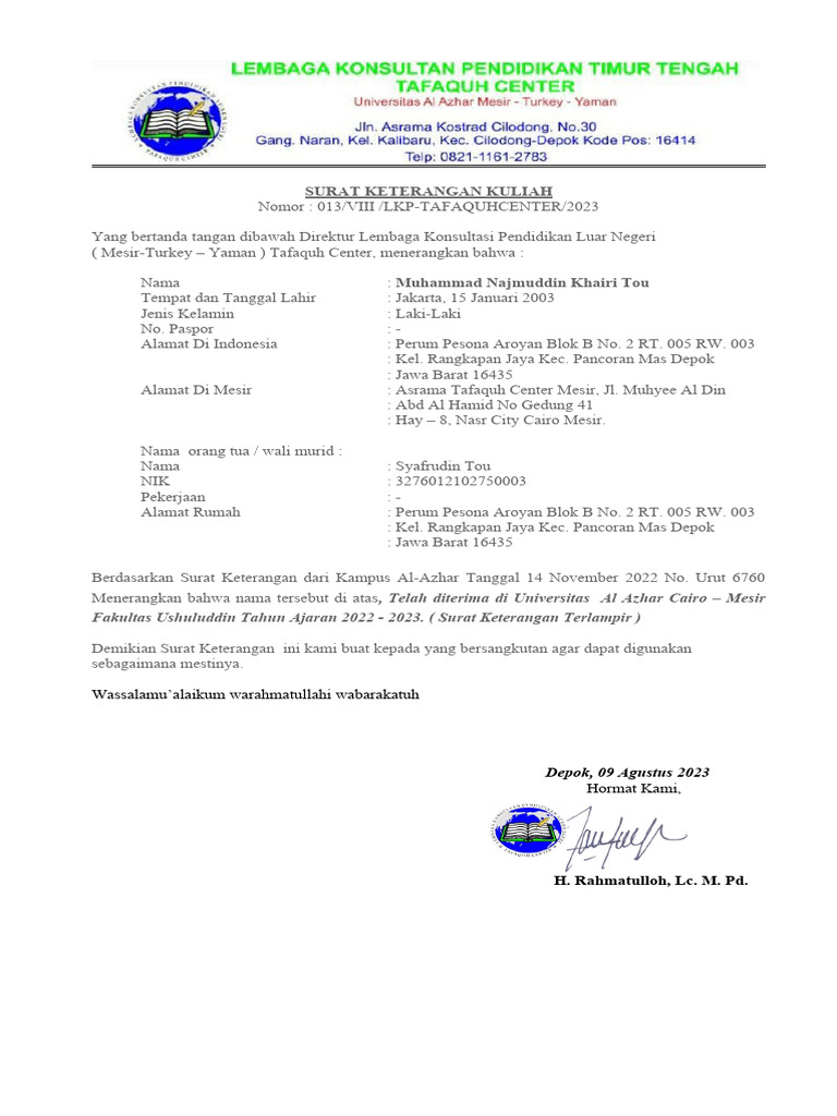 Surat Keterangan Al Azhar (Najmuudin) | PDF