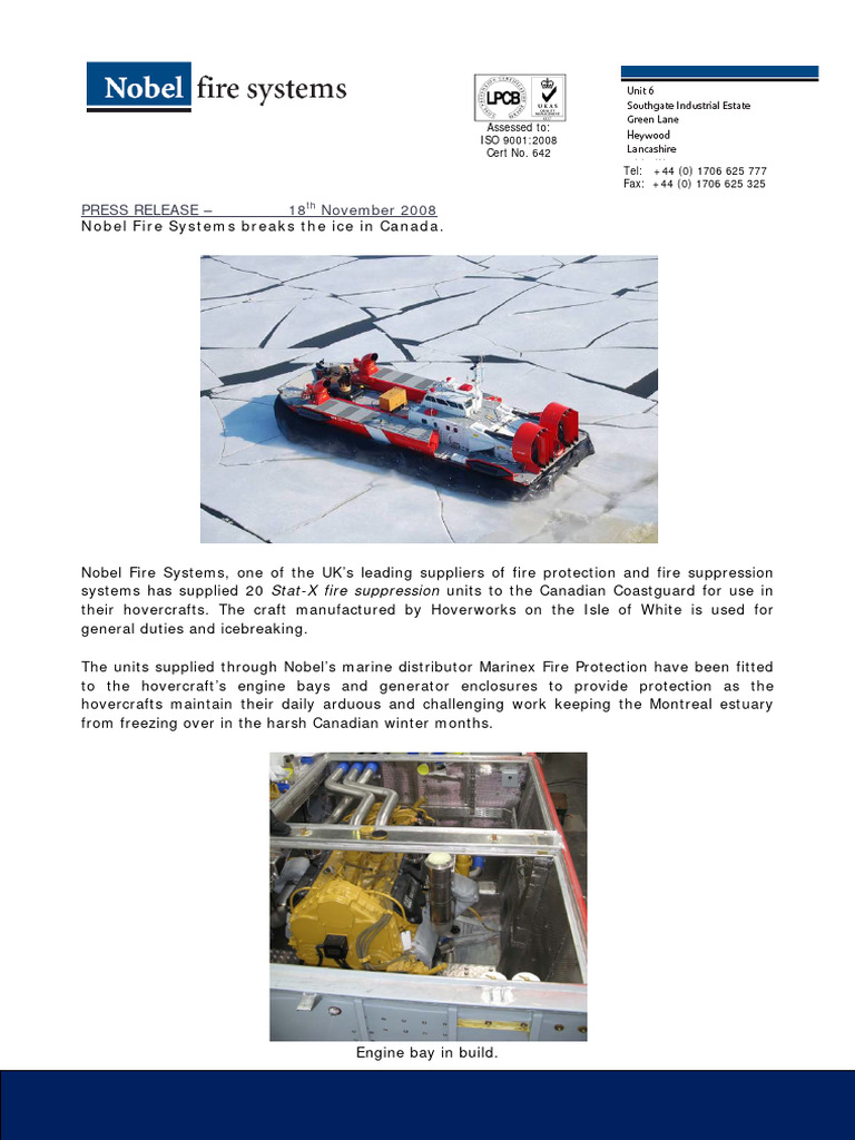 Nobel Fire Systems Protects Canadian Coastguard Hovercrafts | PDF