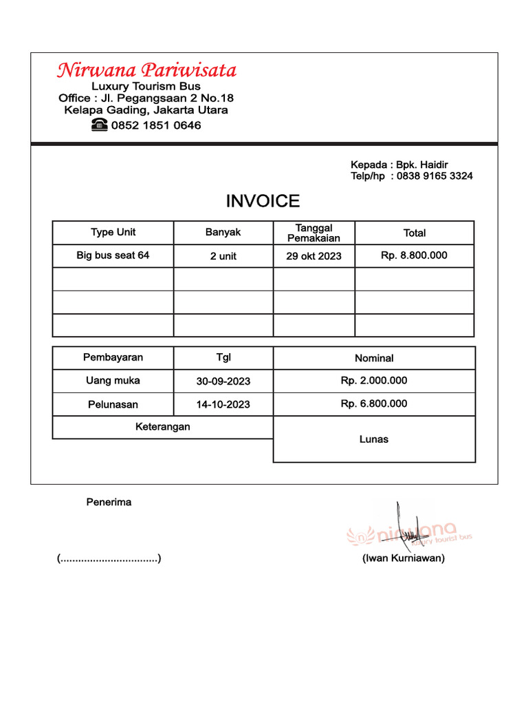 Invoice Pelunasan Bus Pariwisata | PDF