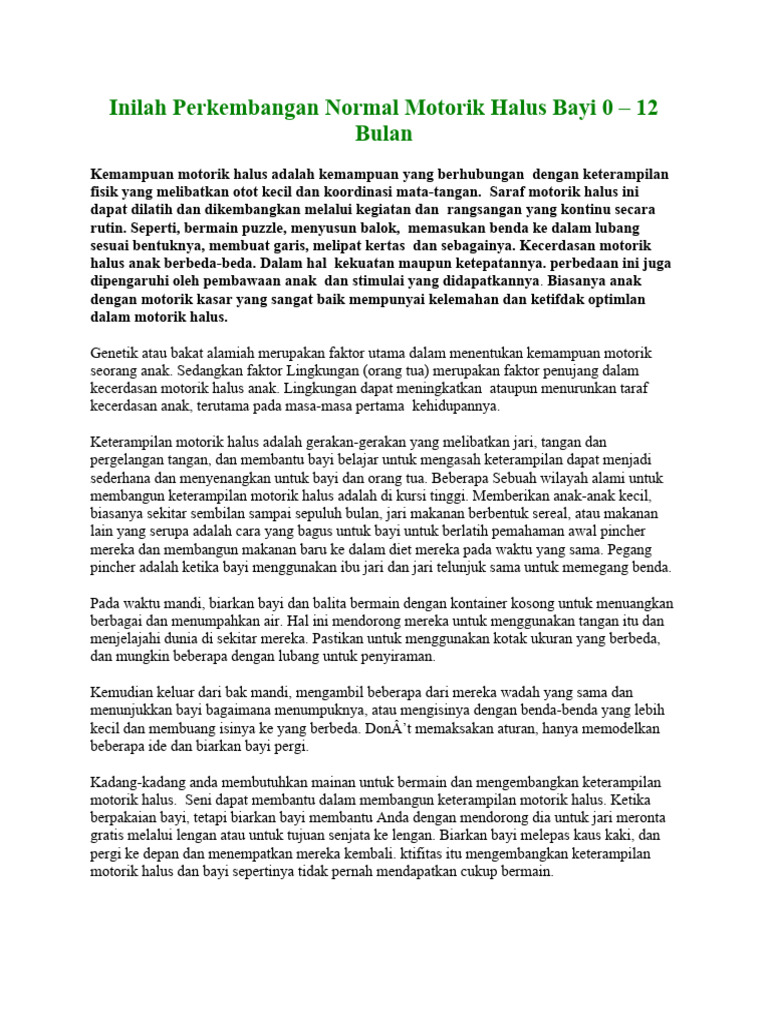 Inilah Perkembangan Normal Motorik Halus Bayi 0 | PDF | Pengembangan ...