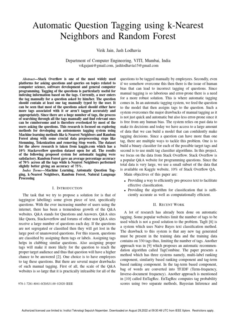 Automatic Question Tagging Using K-Nearest Neighbors and Random Forest ...