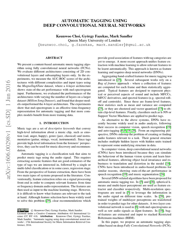 Automatic Tagging Using Deep Convolutional Neural Networks | PDF