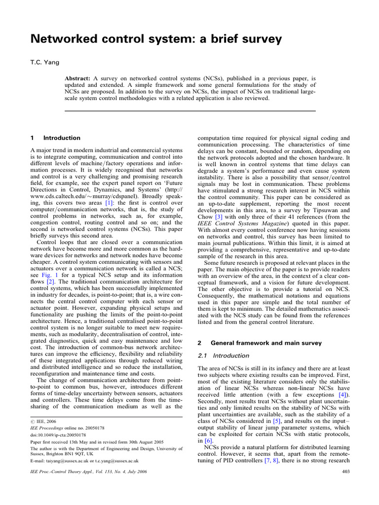T.C. Yang 2006 Networked Control System - A BRIEF SURVEY | PDF