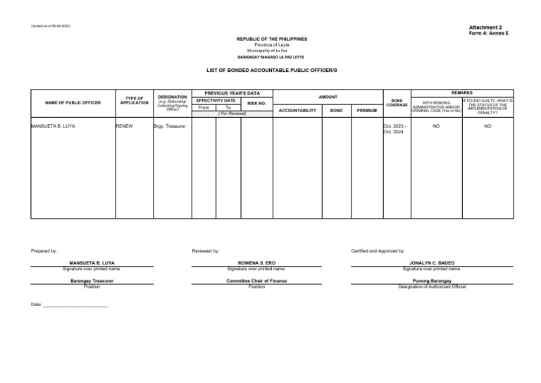 Revised Attachment List of Bonded Accountable Public Officers | PDF