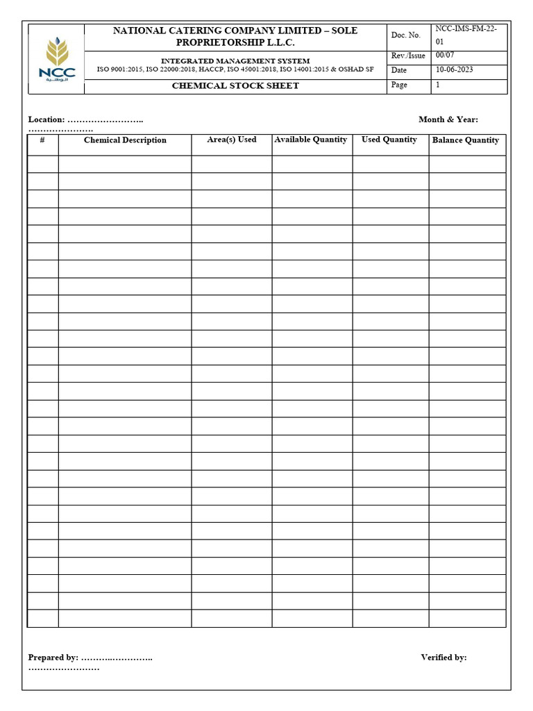 NCC-IMS-FM-22-01 - Chemicals Stock Sheet Is7.0 | PDF