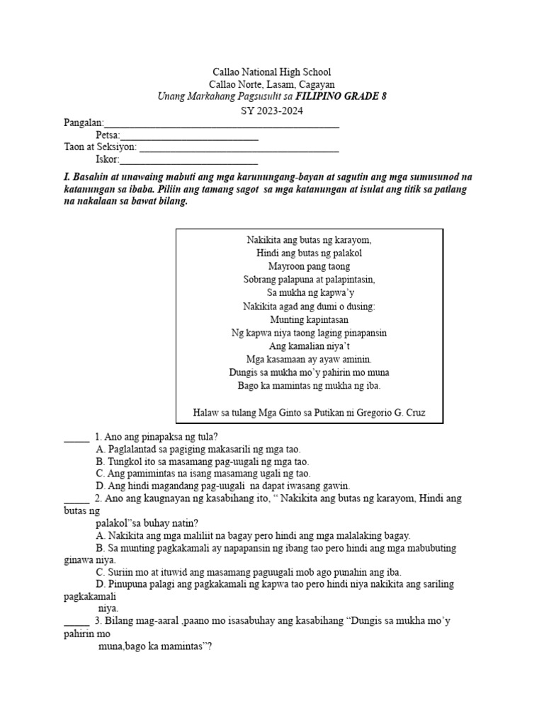 1st Quarter Tos Ap g7 | PDF