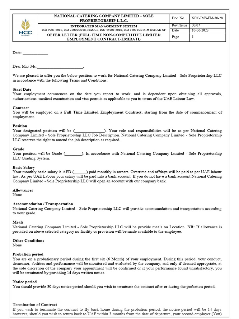 NCC Limited Employment Offer Letter | PDF