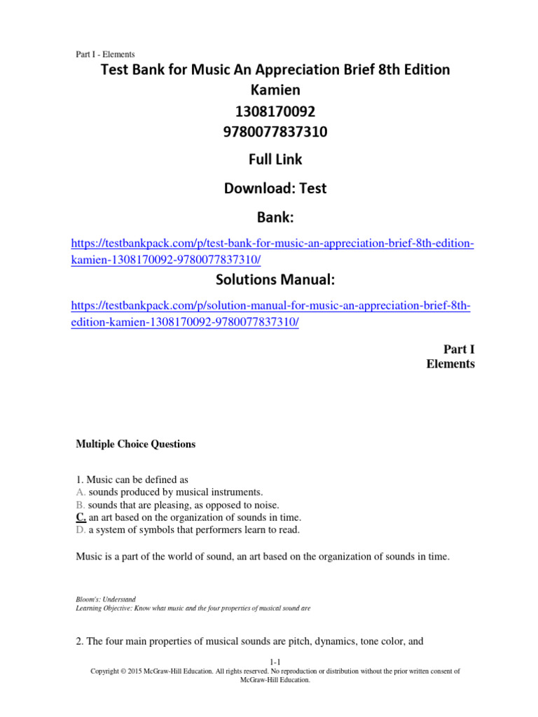 Test Bank For Music An Appreciation Brief 8th Edition Kamien 1308170092 ...