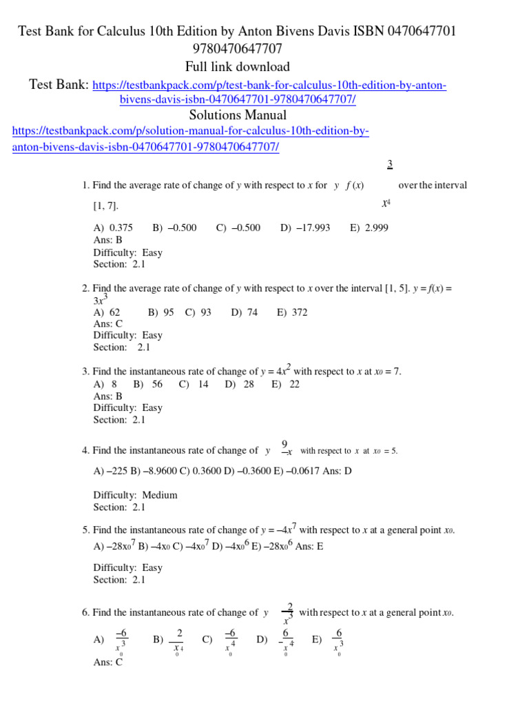 Test Bank For Calculus 10th Edition by Anton Bivens Davis ISBN ...